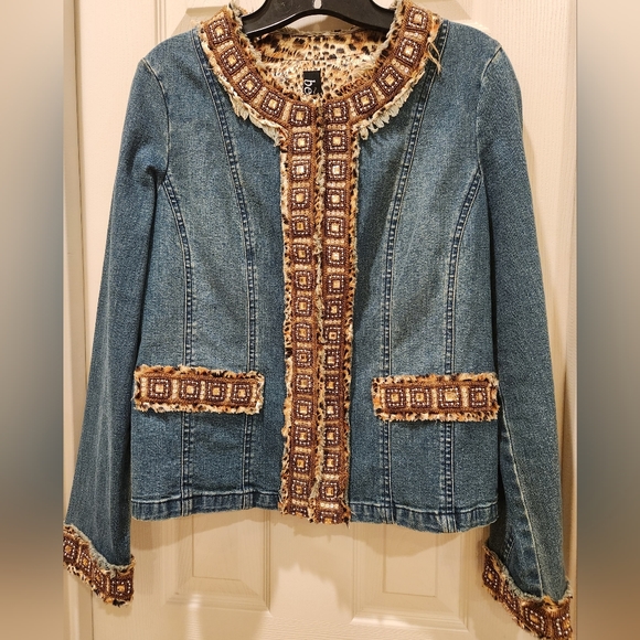 berek | Jackets & Coats | Denim Jacket With Beaded Leopard Trim | Poshmark